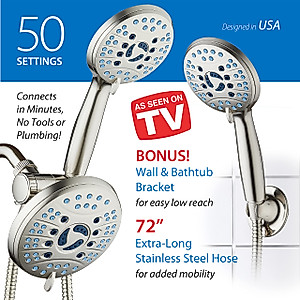 AquaCare AS-SEEN-ON-TV High Pressure 50-mode Rain & Handheld 3-way Shower Head Combo - Anti-clog Nozzles/Tub, Tile & Pet Power Wash/Extra Long 6 ft. Stainless Steel Hose/Nickel Finish