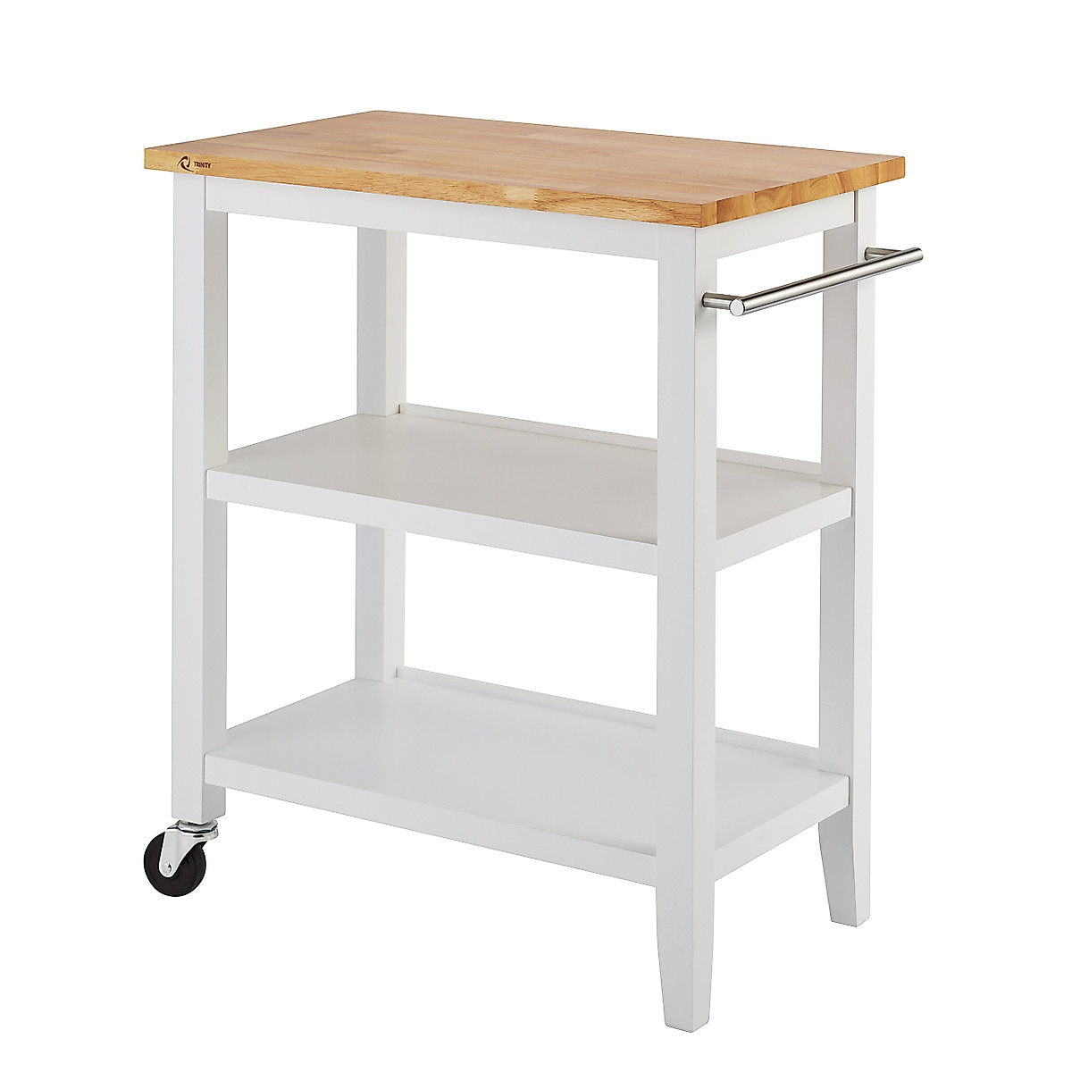 TRINITY 30-Inch Wood Kitchen Coffee Cart with Wheels, Two Shelves, and Rubberwood Work Surface for Kitchen Storage and Food Preparation, 30” W x 18” D x 35” H