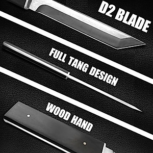 MADSABRE Handmade Custom Classic Japan Samurai Tanto Fixed Blade Katana 268 Floors Damascus VG10 Steel Outdoor Tactical,Combat,Hunting,Survival Knives +Wooden Sheath (Silver -D2 Steel)