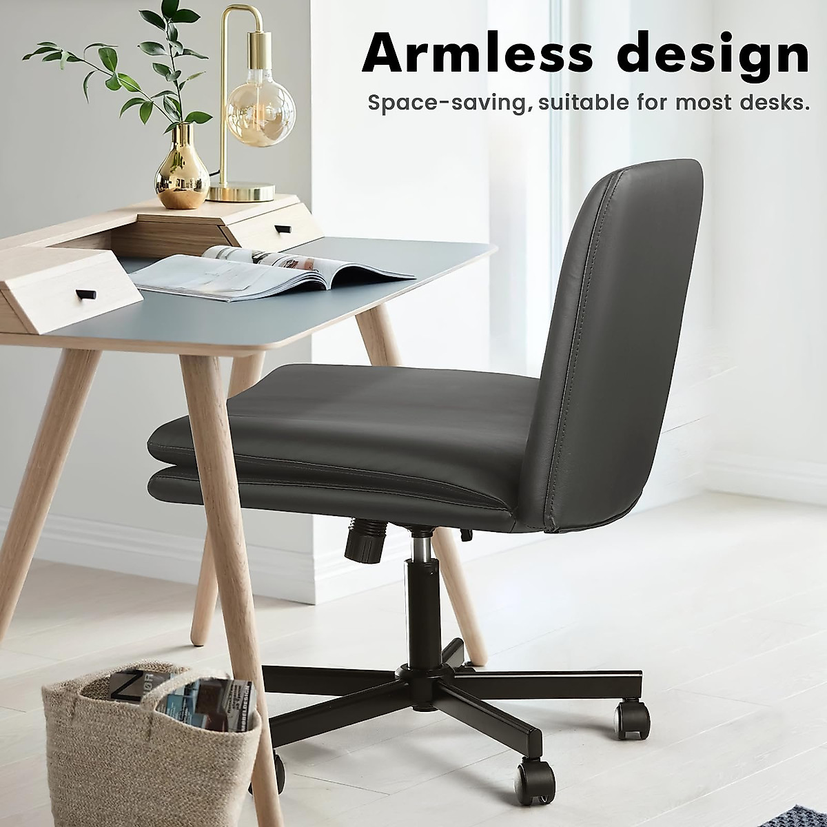 LEMBERI Armless Office Desk Chair with Wheels,Faux Leather Cross Legged Wide Chairs, Mid Back Swivel Computer Task Chairs for Home Office,Make Up,Small Space,Bed Room, Grey