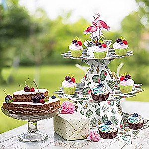 BORAMDO Flamingo Cardboard Cupcake Stand，3-Tier Tropical Leaves Pattern Dessert Tower，Hawaiian Luau Cake Holders for 24 Cupcakes, Kids Birthday Baby Shower Wedding Party Supplies (Hawaii Leaves)