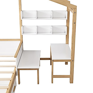 Harper & Bright Designs House Bed for Kids Full Storage Bed with Desk, Bench, Bookshelf and Drawers, Wooden Full Size Platform Bed with Guardrail, for Kids Teens Girls Boys (White + Natural)