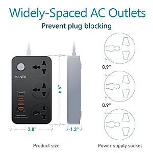 MANTO Power Strip with USB Ports, 3 Widely Spaced AC Outlets and 4 USB (3 QC 3.0 + 1 PD 3.0) Mountable Charging Station with 6.6ft Extension Cord, 2500W/10A Flat Plug for Home Office Dorm, Black
