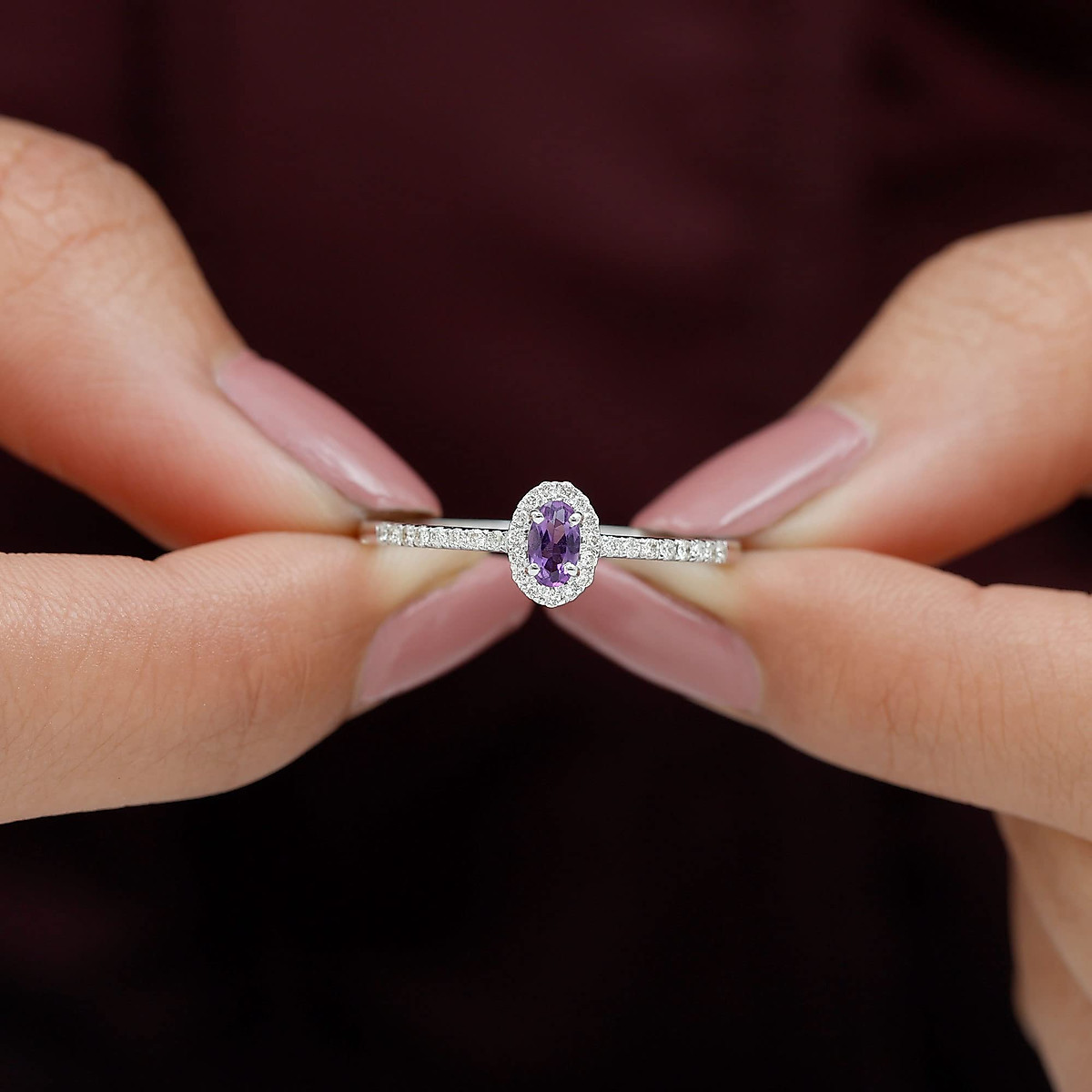 Rosec Jewels Natural Amethyst Minimal Halo Ring| 3X5 MM Oval| AAA Quality| Engagement Ring for Women, 14K White Gold, Size:US 10.00