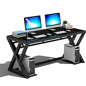SAMERY Computer Desk Home Office Desks, 55.1 Inch Modern Simple Office Black Glass Desk Computer Table Study Gaming Writing Desk, Fashion Strength Tempered Glass Office Laptop Desk