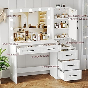 Irontar Makeup Vanity Desk with Charging Station, Farmhouse Makeup Desk with Lights Mirror and Drawers, Vanity Table with Side Cabinet, Dressing Table for Women, White WDT008W