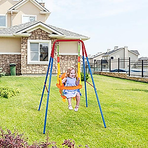 Costzon Toddler Swing Set, Outdoor A-Frame Swing for Backyard with Safety Harness and Handrails, Swing Stand Frame with Anti-Rust Frame for Outdoor Garden Backyard Kindergarten (Swing with Handrails)