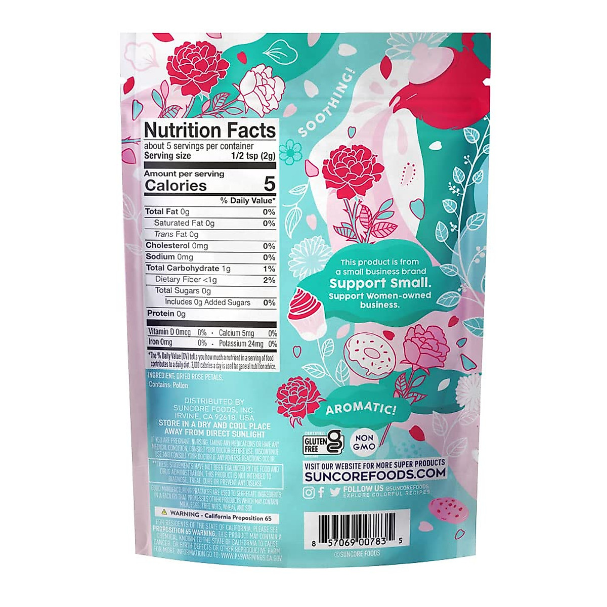 Suncore Foods Dried Rose Petals Bloom, Caffeine-Free Tea, Gluten-Free, Non-GMO, 0.3oz (1 Pack)
