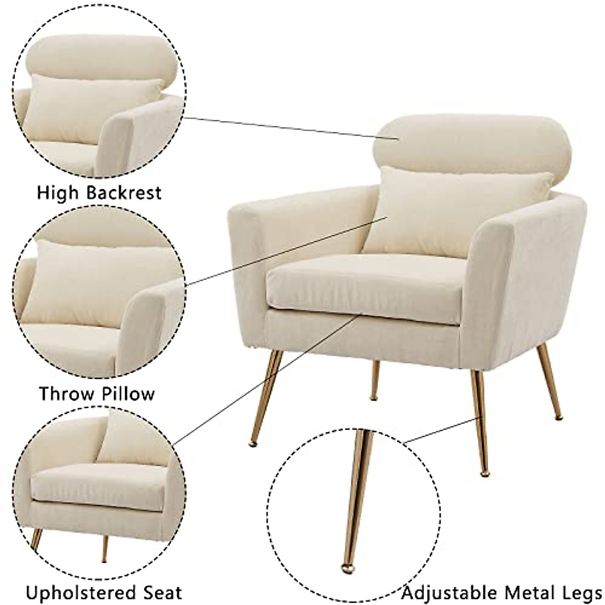 mikibama Mid Century Modern Accent Chair Upholstered Reading Chair Armchair with Throw Pillow Armchair Side Chair for Living Room Bedroom Dorm Room Office (Beige, Chenille)