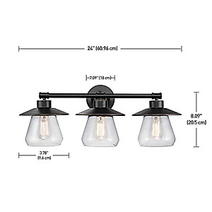 Globe Electric 51496 Nate 5-Piece All-in-One Bathroom Set, Oil Rubbed Bronze, 3 Vanity Light with Clear Glass Shades, Bar, Towel Ring, Robe Hook, Toilet Paper Holder