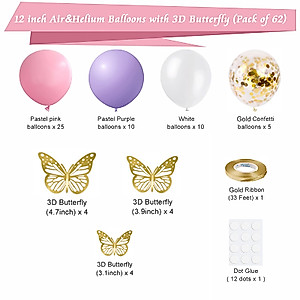 Pink Purple White Latex Balloons with Gold 3D Butterfly, 62pcs 12 Inch Light Pink Purple Gold Confetti Party Balloons with Ribbon for Girl Birthday Baby Shower Decorations (Gold series)