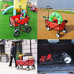 SYING88 Folding Beach Wagon, Red, Collapsible Utility Cart for Outdoor Activities, Canvas Fabric, 150lb Capacity, Easy Fold and Store