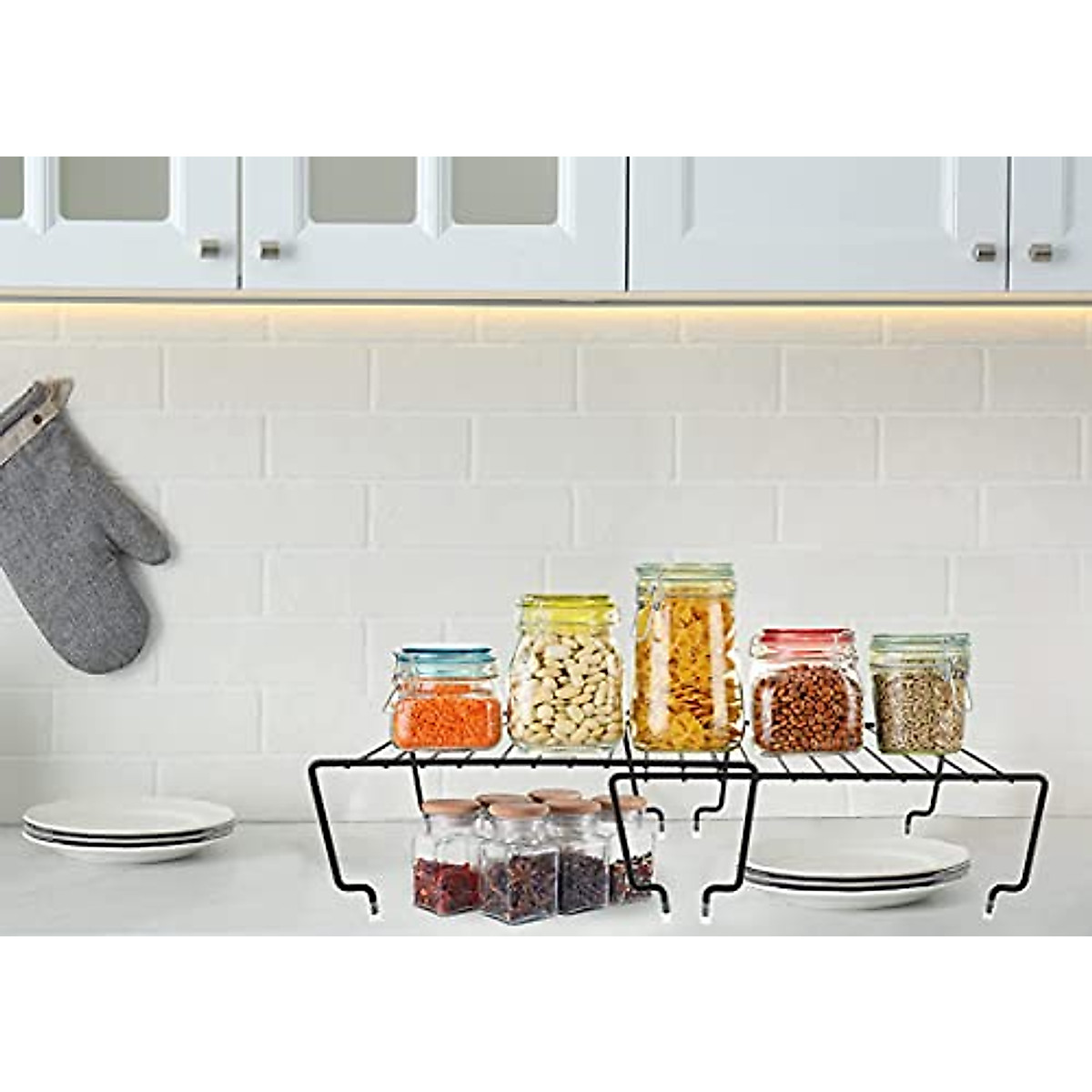 Expandable Shelf Organizer - Kitchen Cabinet, Kitchen Countertop & Bath Cabinet & Garage Shelf Organizer, Kitchen Storage & Organizer Accessories (Black) - 2 Pack