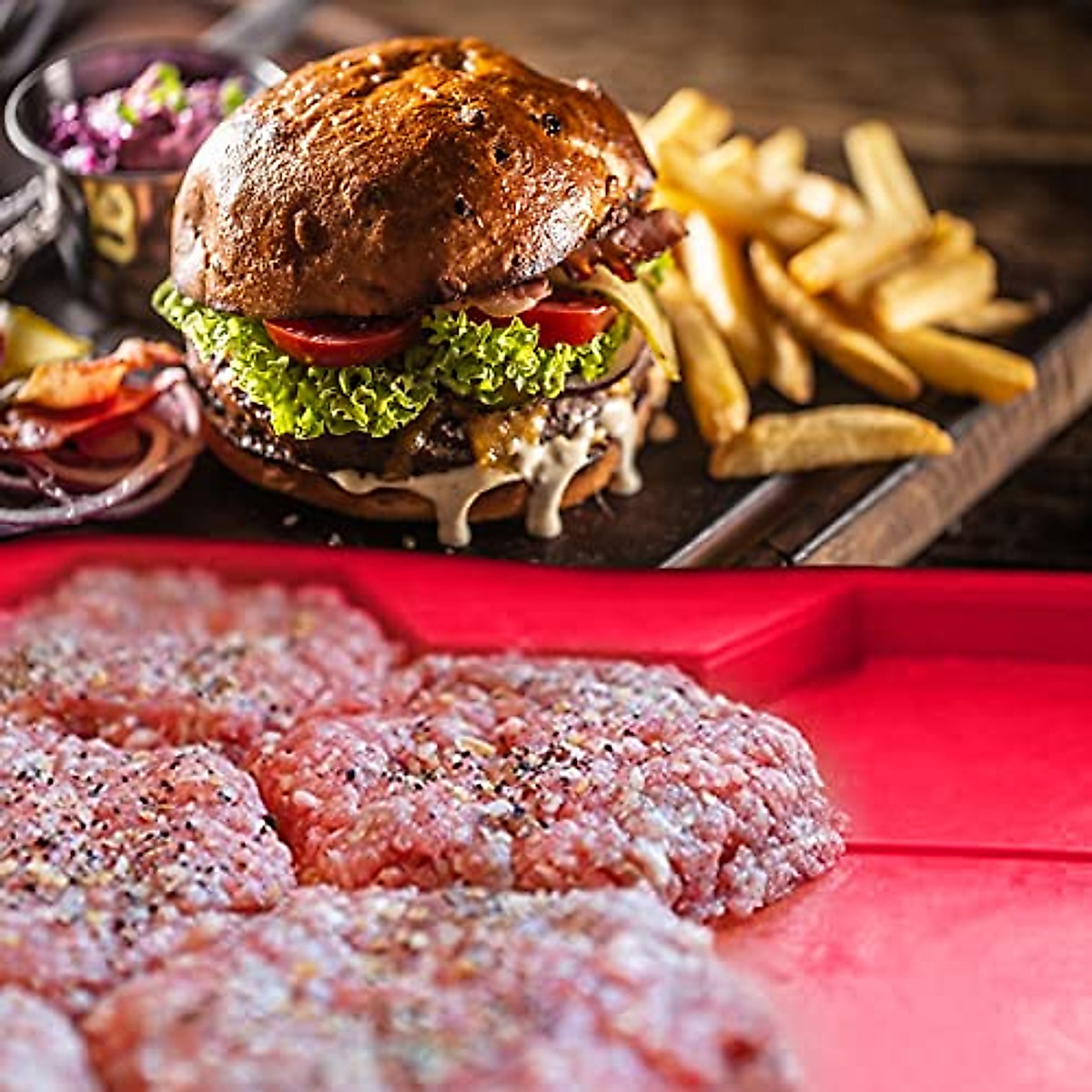 Mekek 7 in 1 Hamburger Silicone Mold, Non-Stick Food Grade Hexagonal Hamburger Patty Maker Press, Shape, & Freeze Container