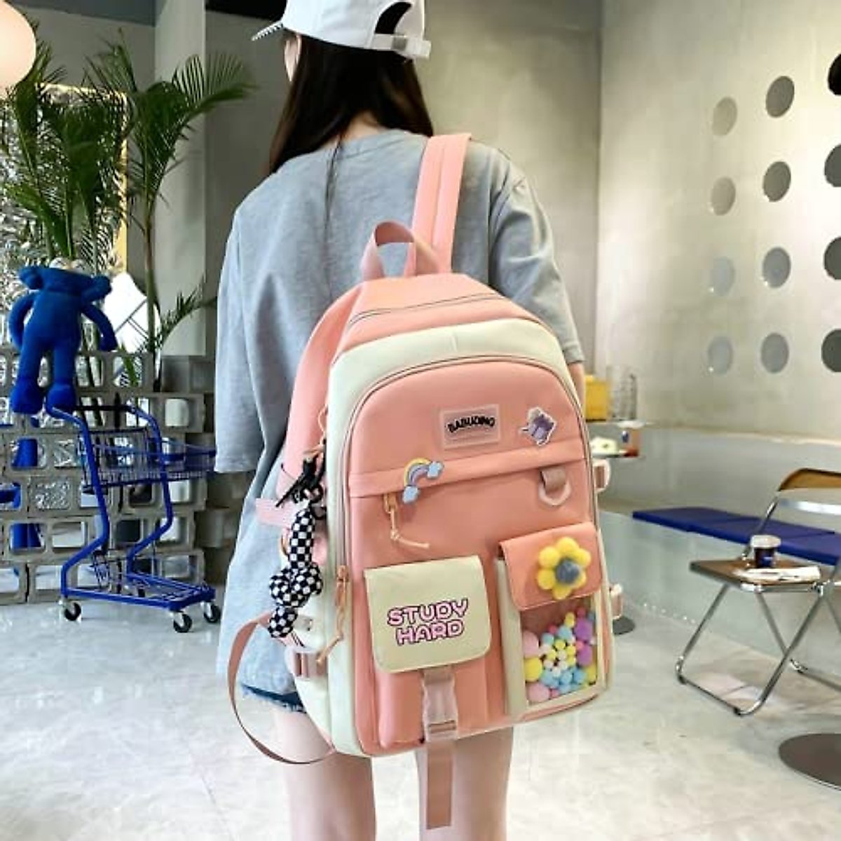 5Pcs Kawaii Backpack Set for School, Cute Aesthetic Backpack with Kawaii Pin and Accessories Bookbags for School Teens (Pink1)