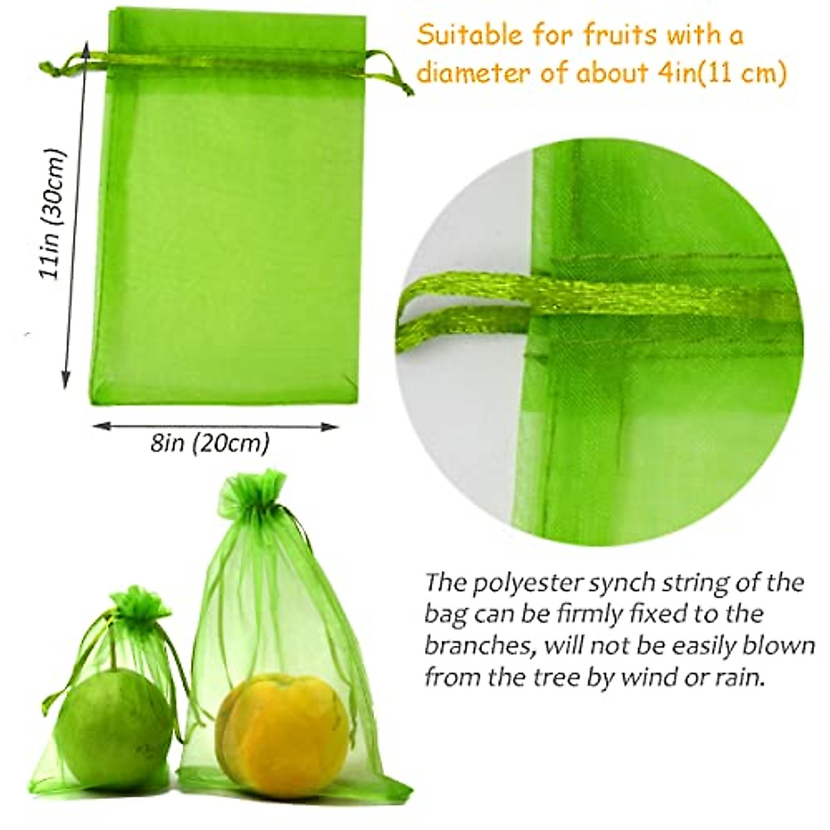 Miuezuth 100PCS Fruit Protection Netting Bags for Fruit Trees, 11x8 Inch Garden Mesh Barrier Bags to Protect Plants from Pest Birds Squirrels, Fruit Cover Mesh Bag with Drawstring, Reusable, Green