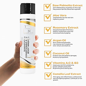 TEMBA MIAMI 3 in 1 SHAMPOO/CONDITIONER/BODY WASH, with ALOE VERA, ARGAN & COCONUT OIL, ROSEMARY EXTRACT, CAMELLIA Leaf Extract, 10 FL oz.