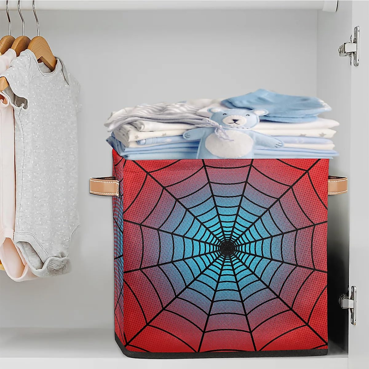 LLCXCSI Storage Bin Red Spider Web Closet Organizer Bins with Handles, Decorative Collapsible Cube Storage Baskets for Nursery Shelf, Clothes, Toy, Towel, Book, 13"x 13"