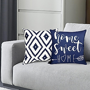 Decorative Throw Pillow Covers 18x18 Inch Blue Pillow Covers for Couch Sofa Living Room Bedroom car,Farmhouse Outdoor Throw Pillow Cover,Modern Geometric Linen Square Throw Pillow Case Set of 4