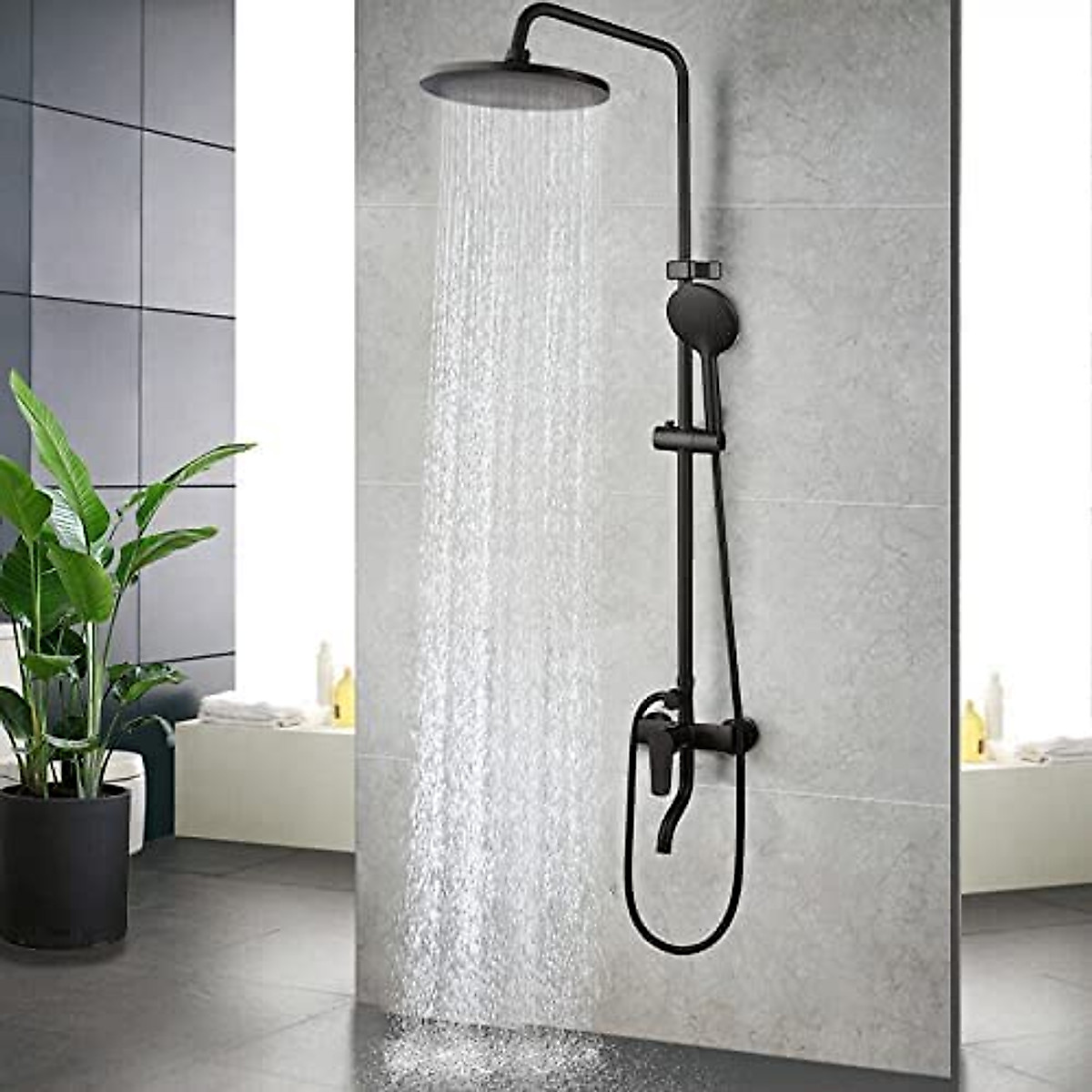Yanksmart Black Shower System Set Rainfall Spout Round Head with Wall Mounted Handheld Spray Mixer Tub Shower Faucet Set