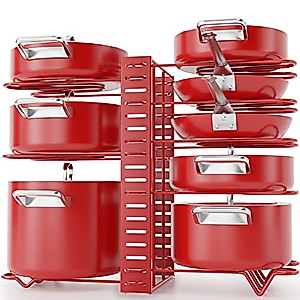 G-TING Pot Rack Organizers, 8 Tiers Pots and Pans Organizer for Kitchen Organization & Storage, Adjustable Pot Lid Holders & Pan Rack, Lid Organizer for Pots and Pans With 3 DIY Methods(Bright Red)