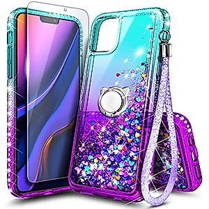 NGB Supremacy Case for iPhone 12/12 Pro with Tempered Glass Screen Protector, Ring Holder/Wrist Strap, Girls Women Kids Bling Sparkle Liquid Floating Glitter Cute Case Cover (Aqua/Purple)