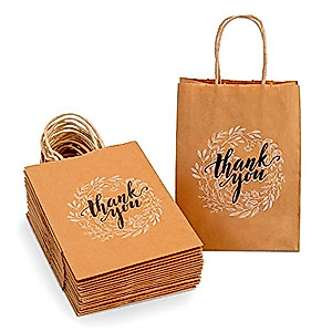 OSpecks 50 Count Small Thank You Gift Bags Bulk with Handle, Brown Kraft Paper Bags for Retail Shopping, Wedding, Goodies, Merchandise for Customers or Guests, Size 5.25 x 3.75 x 8 Inches