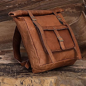 Gbag (T) Leather Vintage Roll On Laptop Backpack Rucksack Travel Bag Best Rucksack for Work Brown Leather Roll Top Backpack Laptop Bag for Men and Women