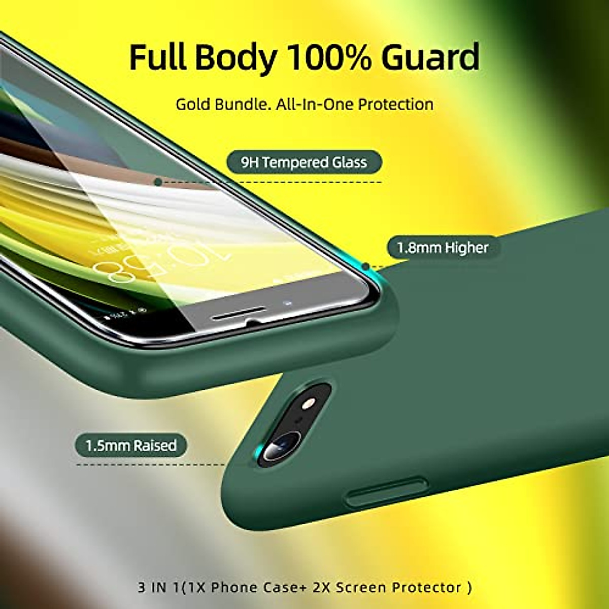 Dssairo [3 in 1 for iPhone SE case 2022/3rd/2020/2nd gen, iPhone 7/8 case，with 2 Pack Screen Protector, Liquid Silicone Ultra Slim Shockproof Protective Phone Case [Microfiber Lining] (Alpine Green)