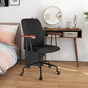 Giantex Home Office Desk Chair Black, Vintage Adjustable Swivel Rolling Chair with Copper Wheels & Armrest, Mid Century Leisure Chair, Velvet Upholstered Computer Chair for Work, Study