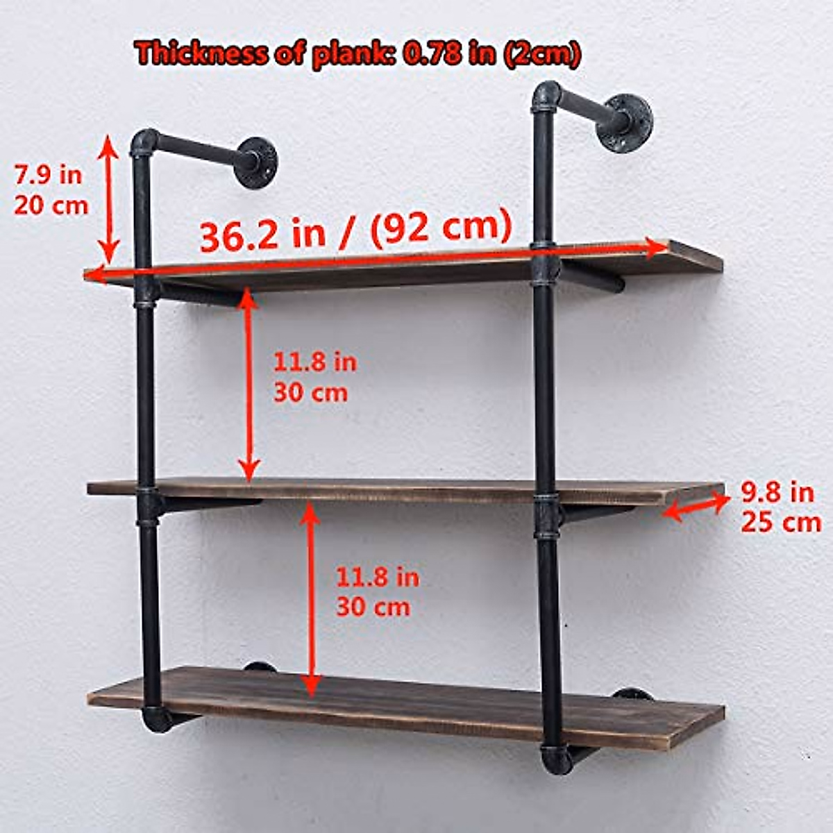 Industrial Pipe Shelving Wall Mounted,36in Rustic Metal Floating Shelves,Steampunk Real Wood Book Shelves,Wall Shelf Unit Bookshelf Hanging Wall Shelves,Farmhouse Kitchen Bar Shelving(3 Tier)