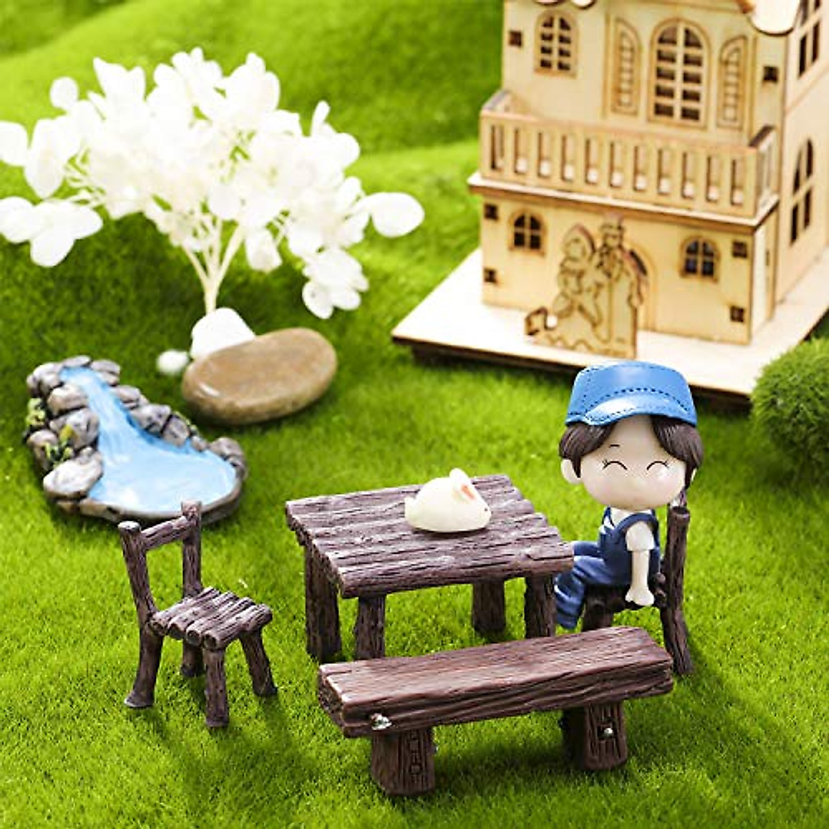 12 Pieces Fairy Garden Furniture Ornaments Miniature Table and Chairs Set Fairy Village Micro Resin Bench Chair for Dollhouse Accessories Home Micro Landscape Decoration (Vintage Style)