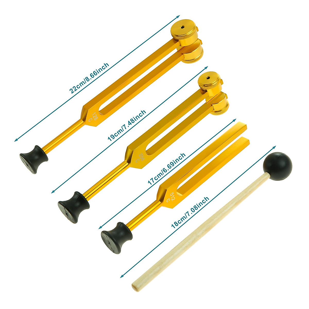 Tuning Fork Set(128Hz, 256Hz, 512Hz), Tuning Fork Instrument for Chakra with Hammer, Storage Bag and Cleaning Cloth, Gold
