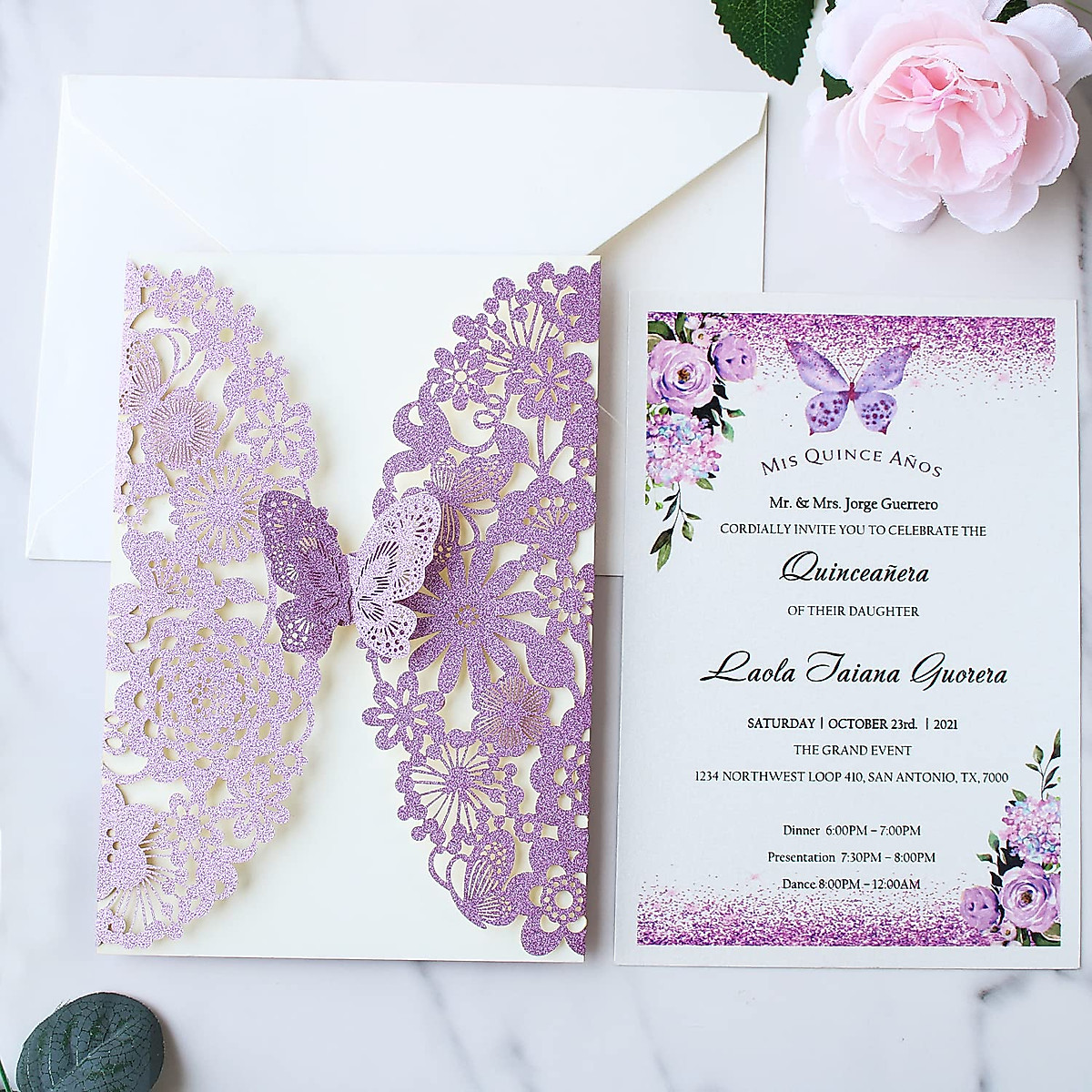 Hosmsua 5.1x7.3'' 50PCS Purple Glitter Quinceanera Invitation Kit Laser Cut Flora Butterfly Invitation Cards Pocket with Envelopes for Bridal Shower Sweet 16 Wedding Invitation (Purple Glitter)