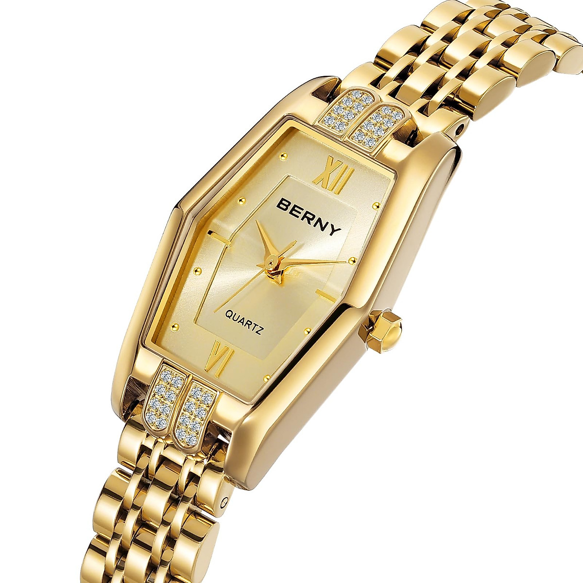 BERNY Gold Watches for Women Dainty Hexagon Ladies Quartz Wrist Watches Stainless Steel Band Fashion Analog Watch Luxury Bracelet(Gold Dial)