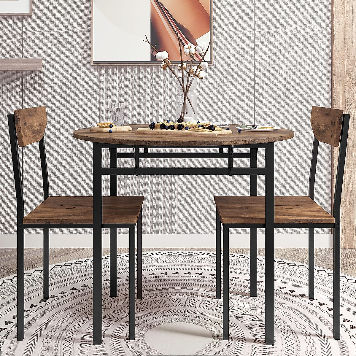 3 Piece Dining Table Set, Modern Counter Height Dining Table Set with Drop Leaf Round Table and 2 Chairs, Small Kitchen Table Set
