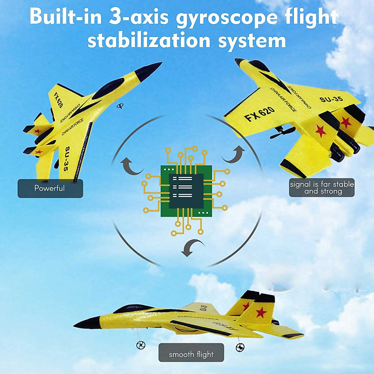 GoolRC FX620 RC Airplane, 2.4GHz Remote Control Airplane, 2 Channel RC Plane, SU-35 RC Glider EPP Aircraft Model with 3-Axis Gyro, Outdoor Flight Toys for Kids and Adults with 2 Battery (Yellow)