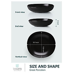 Teocera Wide and Shallow Porcelain Salad and Pasta Bowls Set of 6-24 Ounce Microwave and Dishwasher Safe Serving Dishes, Matte Black