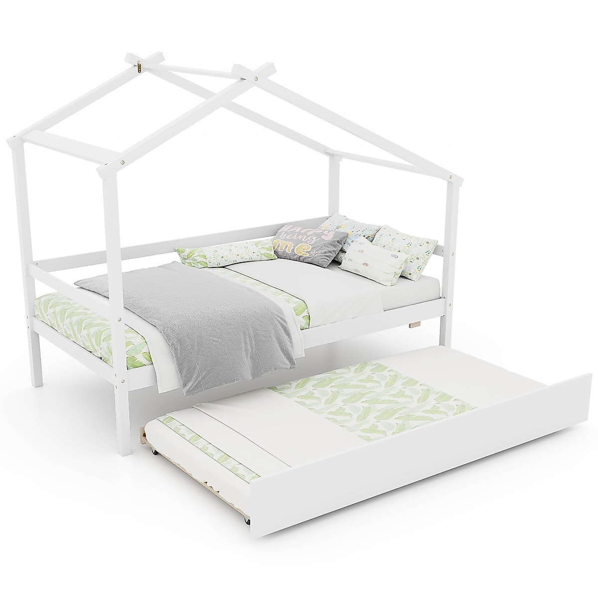 Giantex Wood House Bed for Kids, Twin Bed Frame with Trundle Bed Twin, Kids Bed Frame with Headboard and Footboard, Twin Size House Bed for Kids, Girls, Boys (White)