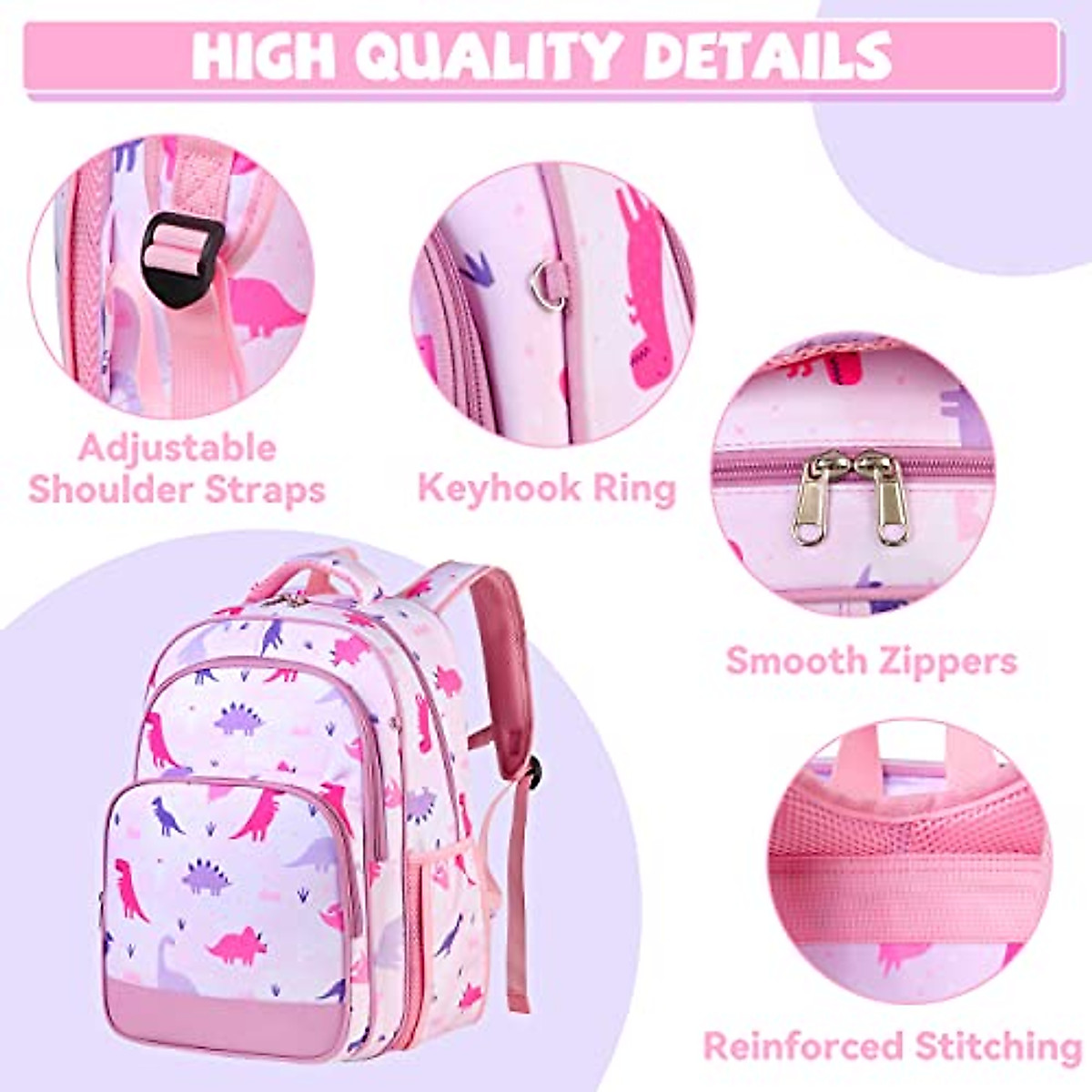 VASCHY School Backpack for Girls, 16in Water Resistant Backpack for Kids Preschool/Primary/Elementary Schoolbag Bookbag for Girls with Tablet Sleeve Pink Dino