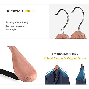 TOPIA HANGER American Red Cedar Wide Shoulder Wooden Hangers 8 Pack, Luxury Wood Suit Coat Hangers with Black Padded Pant Bar-360° Swivel Chrome Hook, Natural- CT07W-8