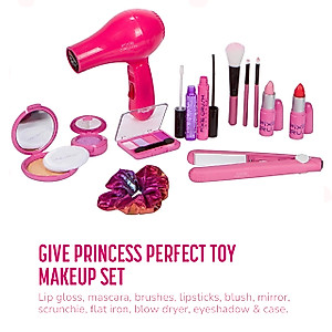 PixieCrush Kids Makeup Kit for Girls - with Pretend Hair Dryer and Flat Iron - Play Hair Styling Kit for Kids and Little Girls - Ages 3, 4, 5, 6, 7, 8, 9, 10 - Comes in a Pink Carrying Case