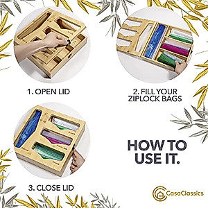 CasaClassics Ziplock Bag Storage Organizer – Eco-Friendly Bamboo Organizer for kitchen drawer – Easy to load Ziplock bags – Wall mountable - Compatible with Ziploc, Solimo, Glad, Hefty for Gallon, Quart, Sandwich, and Snack Variety Size Bag