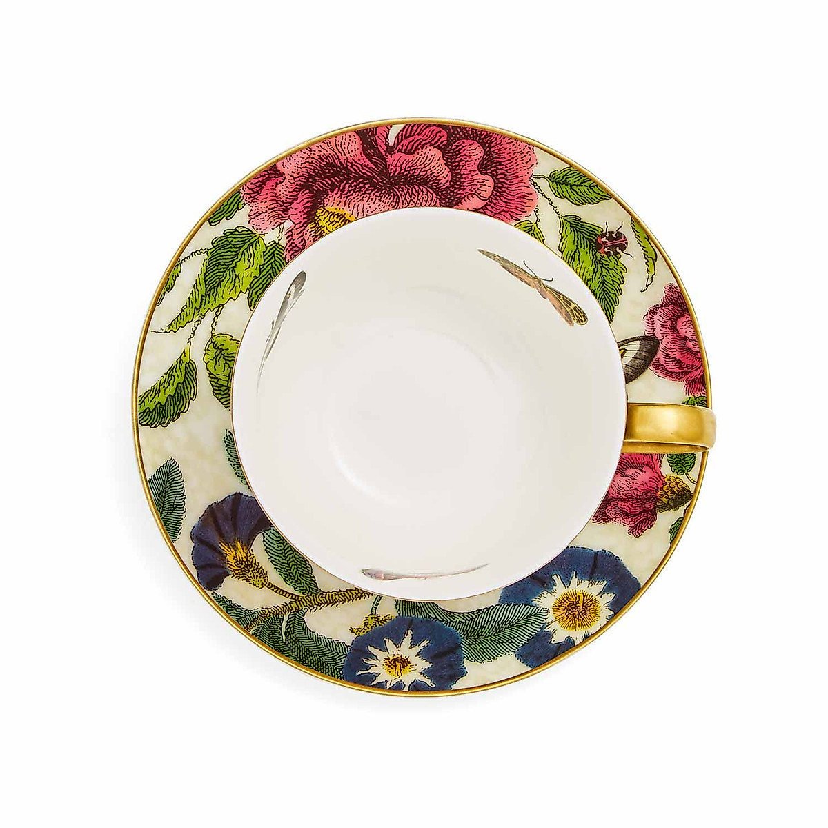 Spode Creatures of Curiosity Collection Coupe Teacup and Saucer Set, Black Floral Mug and White Floral Saucer, Gold Rim, 6.7 oz, Made of Fine China, Specialty Coffee Drinks, Lattes, and Tea