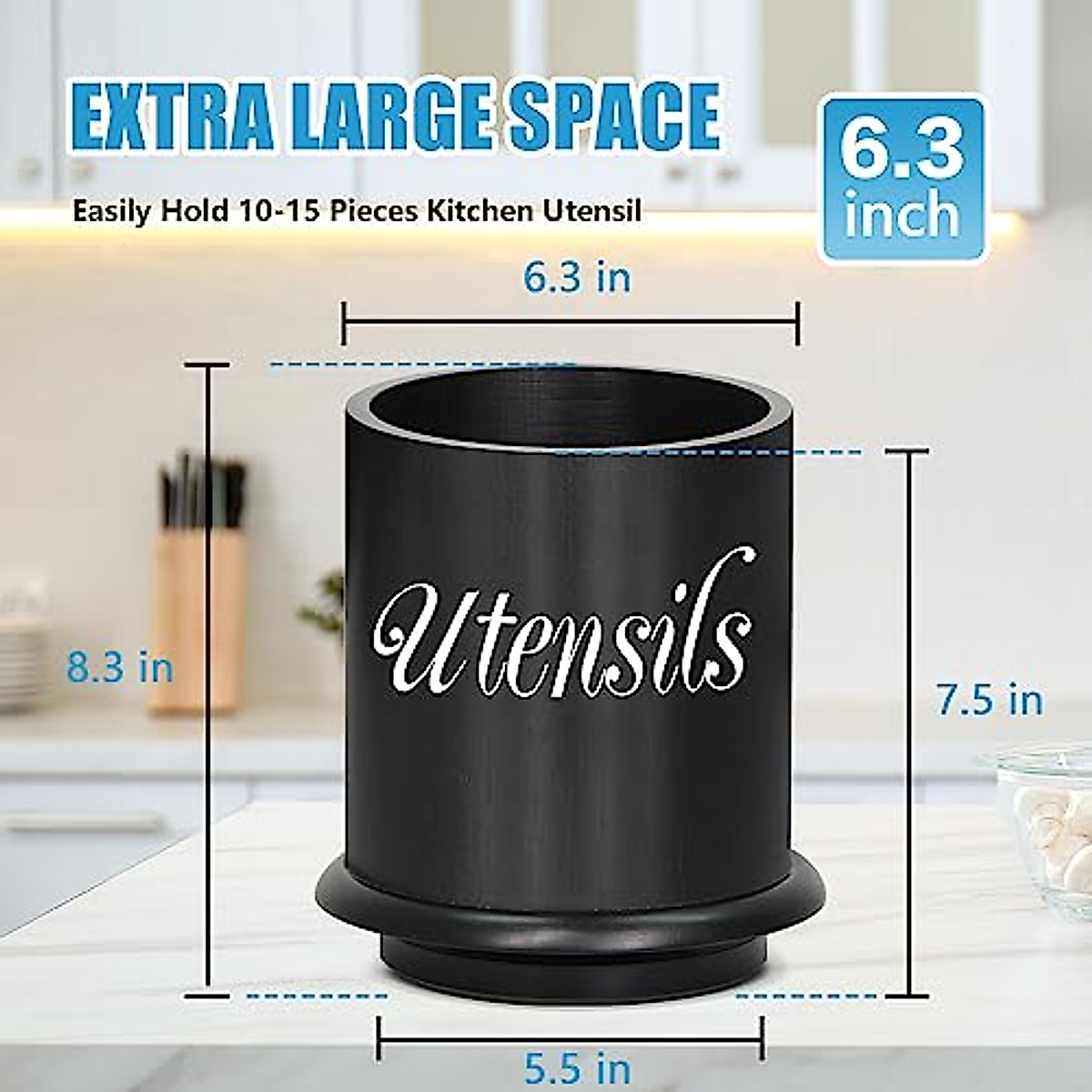 Y&ME YM Utensil Holder, 360° Rotating Kitchen Utensil Holder for Countertop, Bamboo Utensil Crock Utensil Caddy for Flatware, Cooking Utensil Organizer for Farmhouse Kitchen Decor (Black)