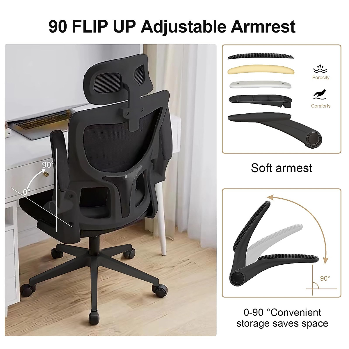 XUEGW Ergonomic Mesh Office Chair Computer Desk Chair with FILP up Armrest Gaming Chair with Lumbar Support Adjustable Headrest Height Swivel Chair for Home and Office