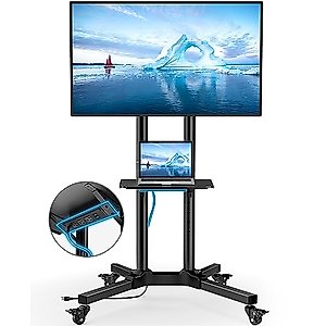 HUANUO TV Stand with Power Outlet, Rolling TV Stand for 32-85 Inch Flat/Curved LED TVs, Tilt TV Cart with Adjustable Shelf, Mobile TV Stand on Wheels Holds up to 132 lbs Max VESA 600x400mm HNTVMC01