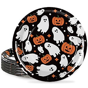 Generic AnyDesign 24Pcs Halloween Paper Plates Cute Ghost Pumpkin Disposable Plates 9 Inch Black Decorative Dinner Dessert Plates for Party Tableware Supplies