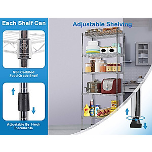 5-Tier Metal Wire Shelving Unit Tall Shelf Storage Rack NSF Certified Storage Shelves 500 Lbs Capacity Standing Utility Shelf for Laundry Kitchen Pantry Garage Organization Snack Shelf