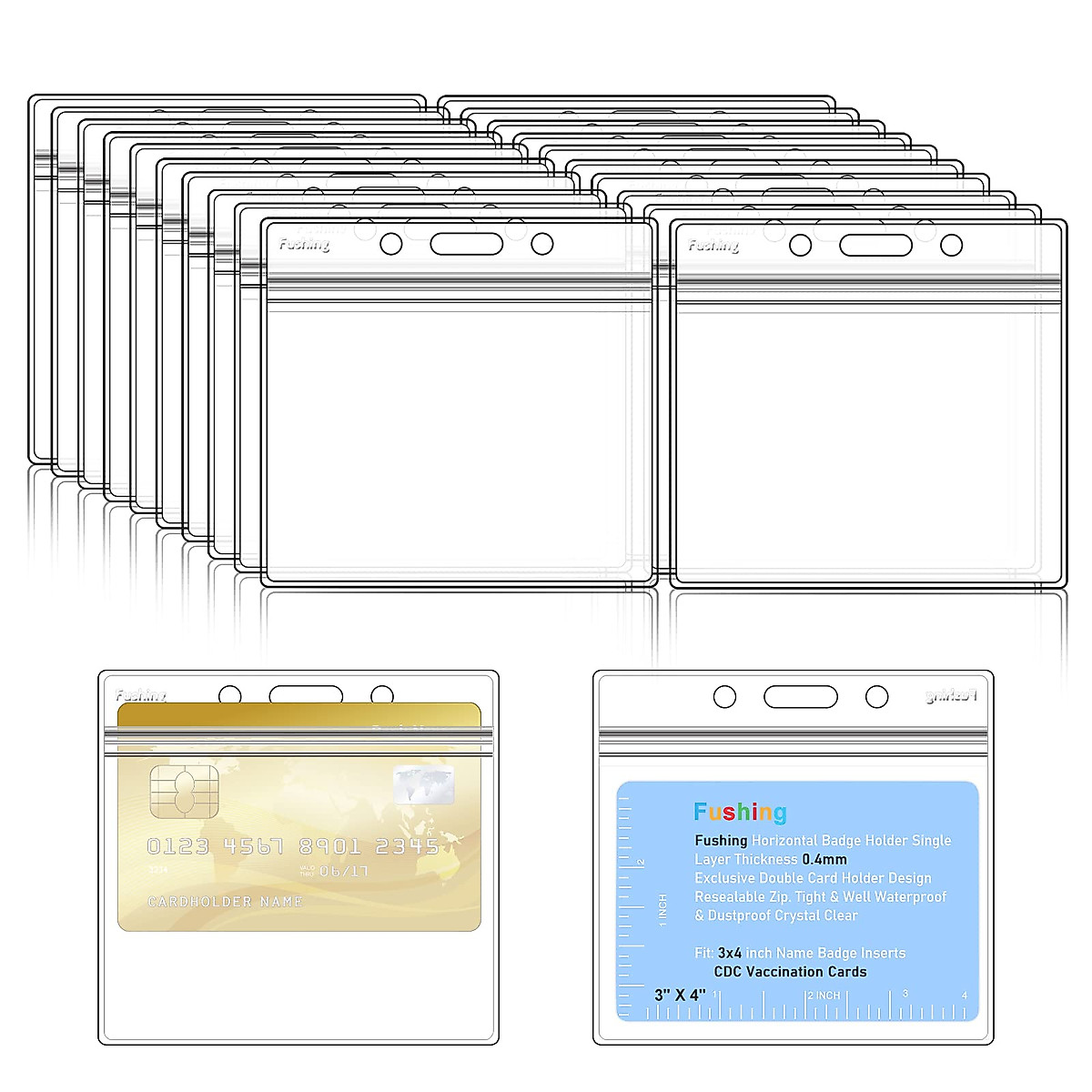 Fushing 20Pcs Extra Thick ID Badge Holders, Exclusive Double-Deck 3x4 Clear Plastic Horizontal Name Tag Badge ID Card Holders, Single Layer Thickness 0.4mm Thicker 60% Than Standard 0.25mm